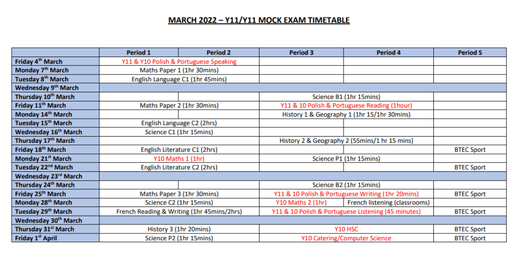 Year 11 March 2022 Mock Exam Timetable - De Lacy Academy